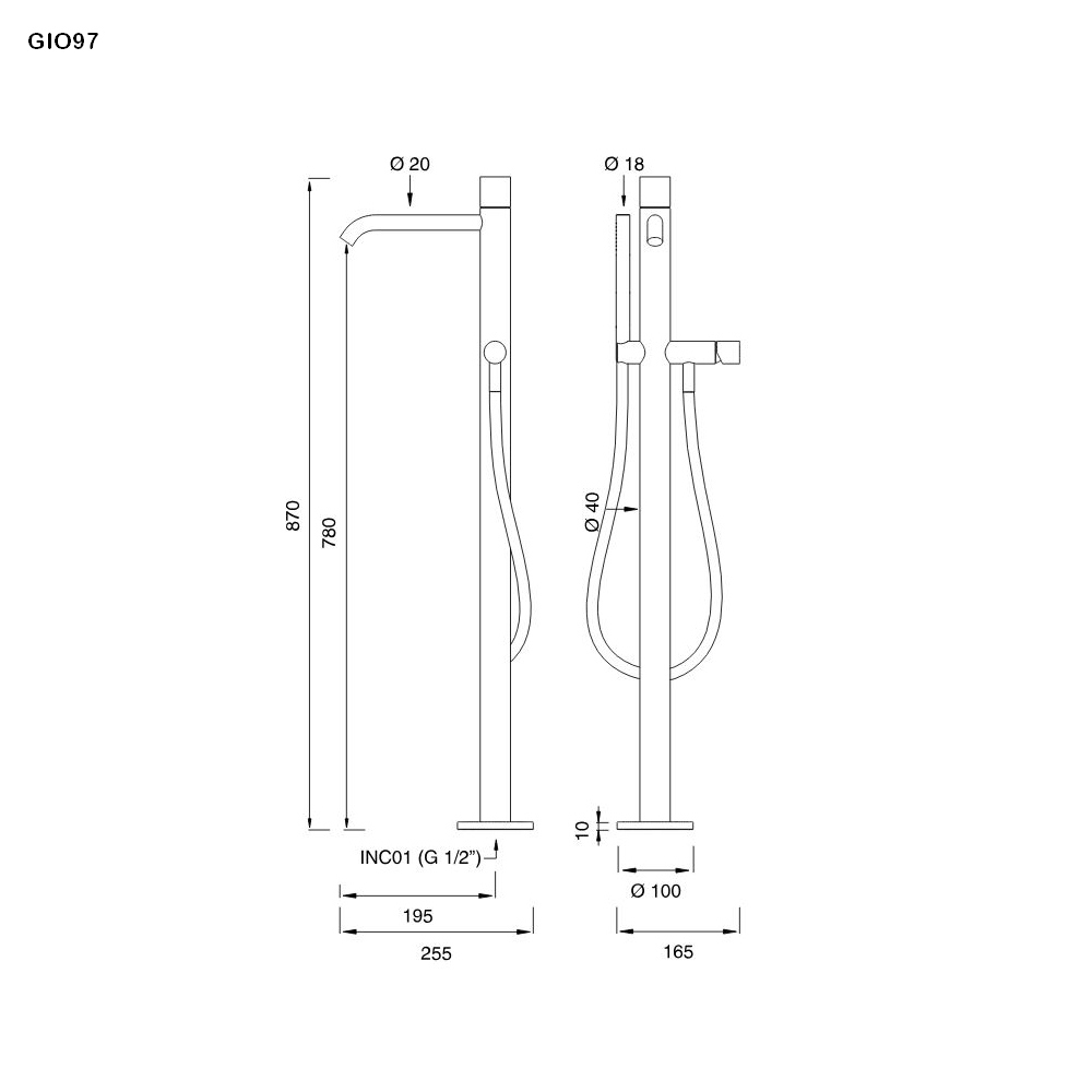 cea GIOTTO PLUS freistehender Badewannen-Eingriffmischer mit Stabhandbrause, H:870mm, edelstahl ...